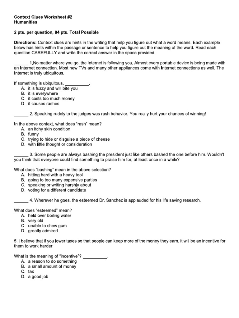 Context Clues Multiple Choice Exercise 7 Pages PDF | PDF