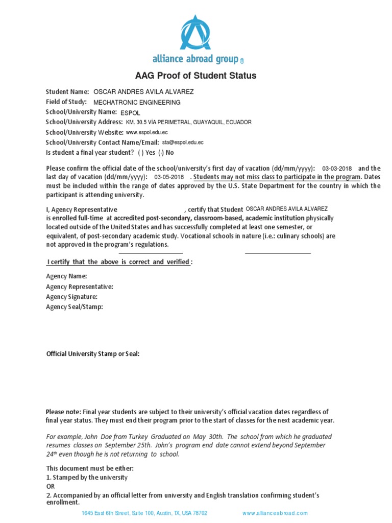AAG WT Proof of Student Status | PDF