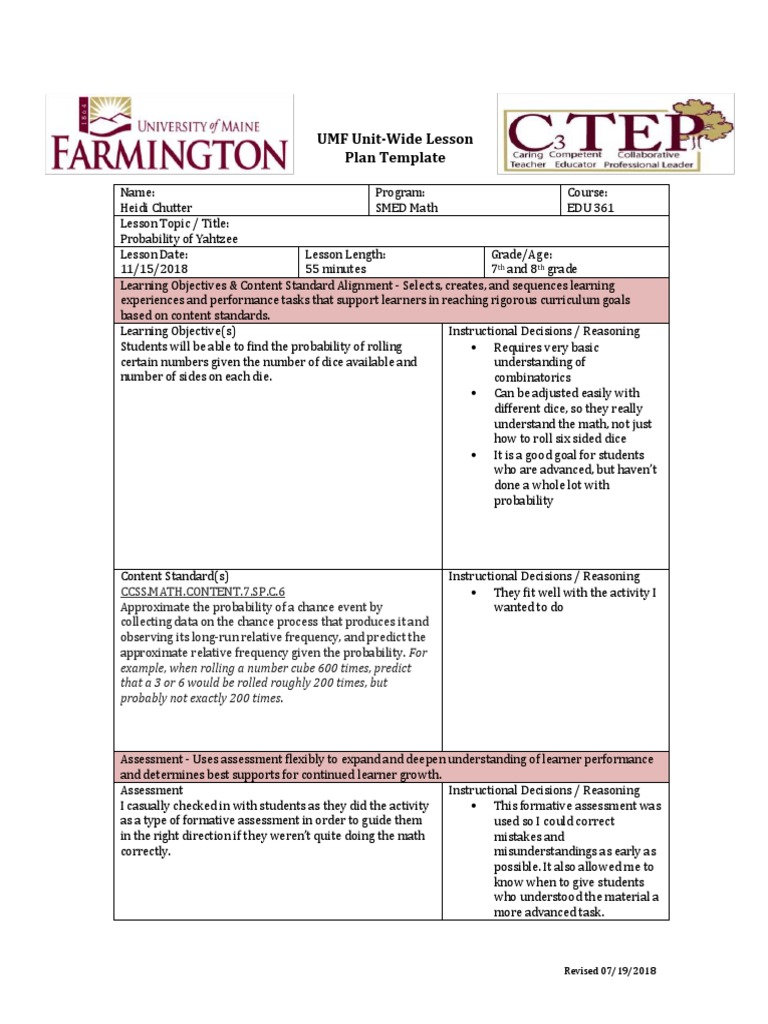 UMF Unit-Wide Lesson Plan Template: Ccss - Math.Content.7.Sp.C.6 | PDF ...