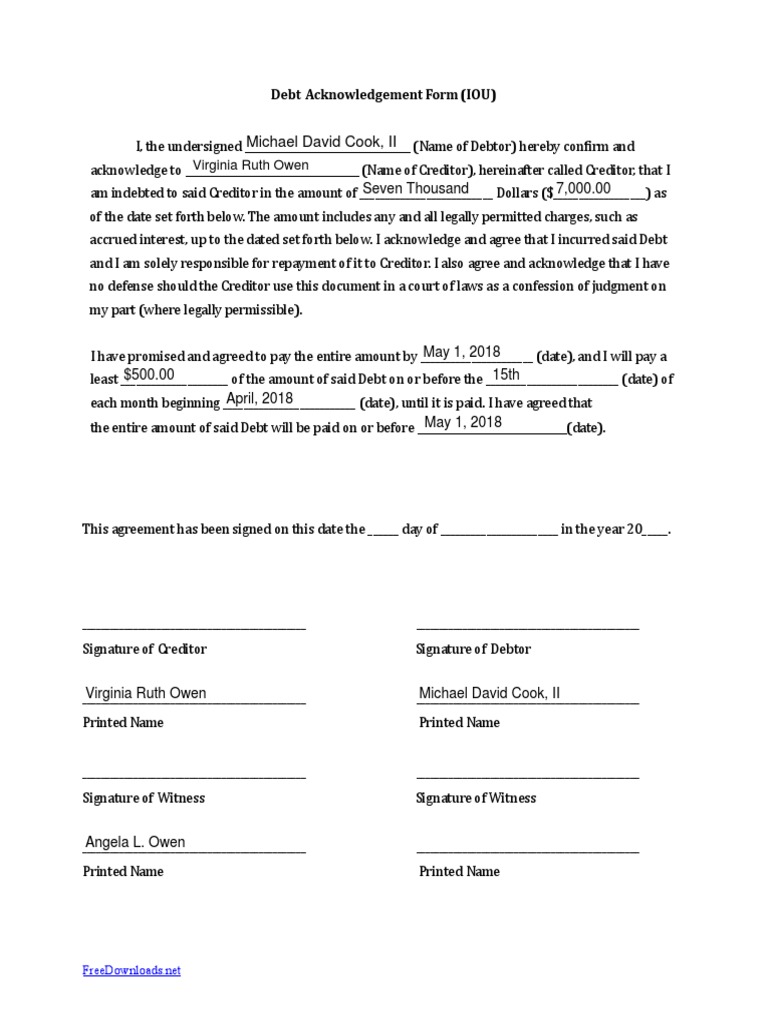 I Owe You Debt Acknowledgment Form | Debtor | Debt