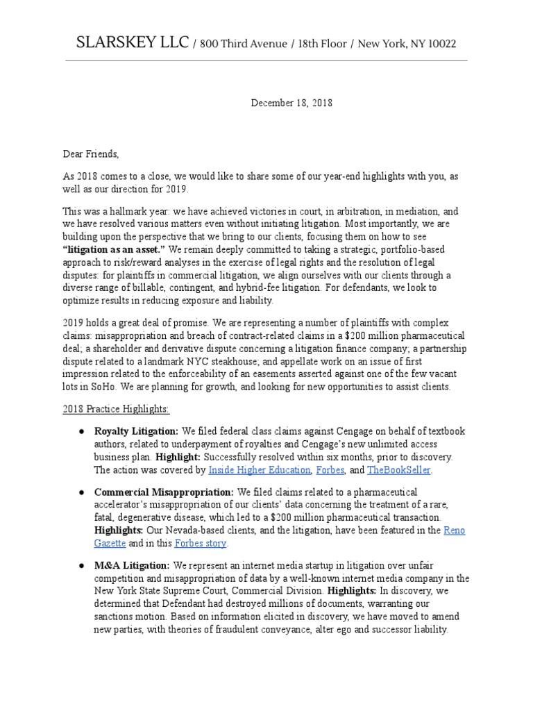 Slarskey LLC 2018 Practice Highlights | PDF | Mediation | Attorney's Fee