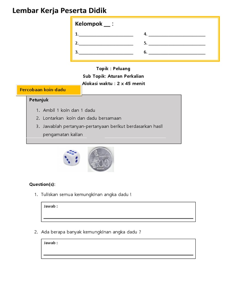 LKPD Aturan Perkalian (Dadu-Koin) | PDF | Metode & Bahan Ajar