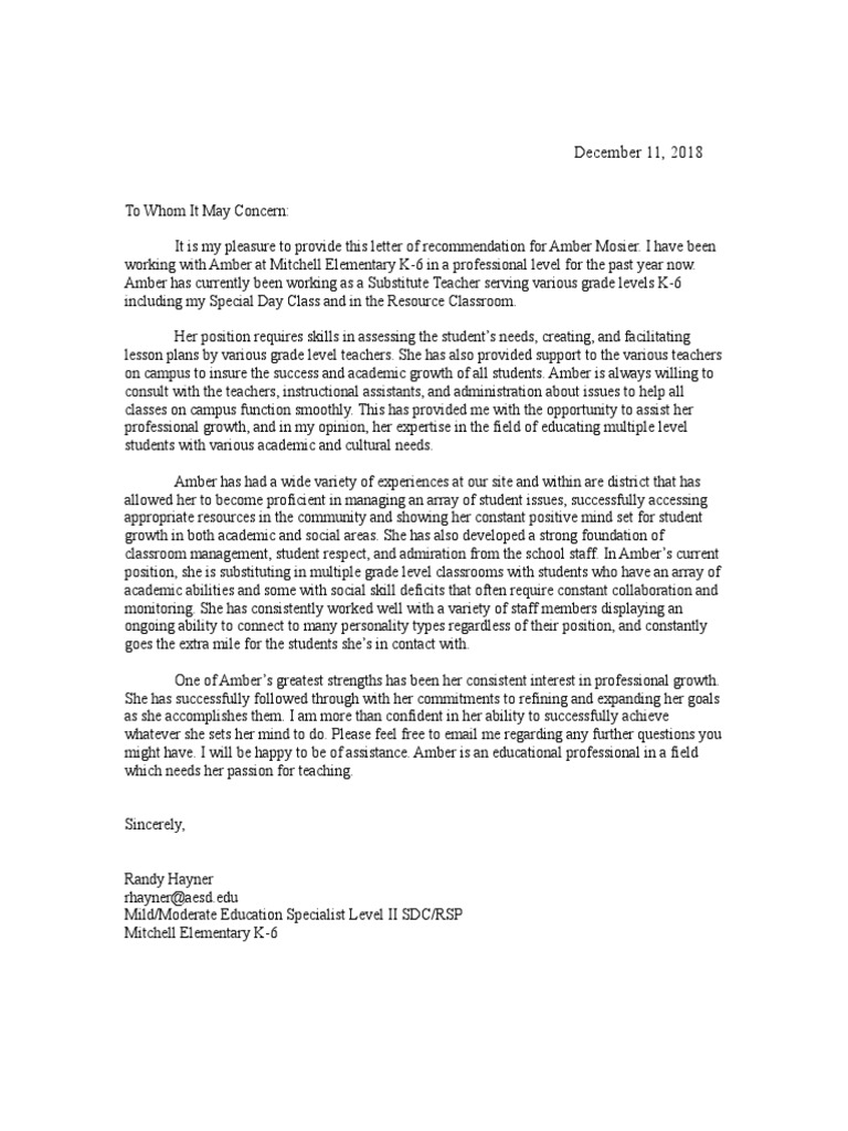 Letter of Rec Hayner | PDF | Teachers | Applied Psychology