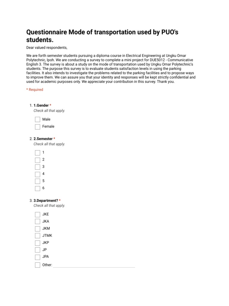 Questionnaire | PDF | Parking Lot | Transport