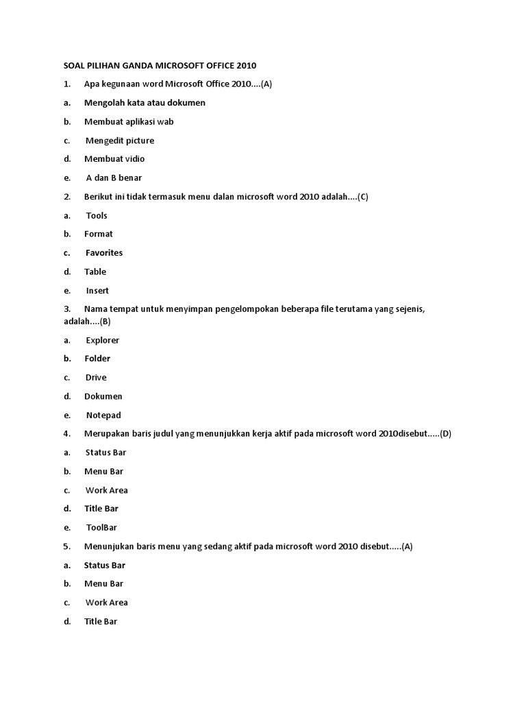 Soal Pilihan Ganda Microsoft Office 2010 | PDF Soal Pilihan Ganda Microsoft Office 2010 | PDF