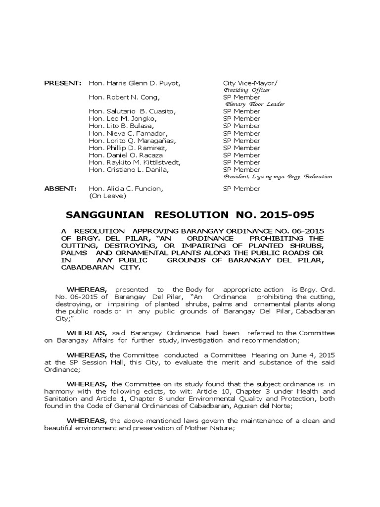 Cabadbaran City Sanggunian Resolution No. 2015-095 | PDF | Virtue ...