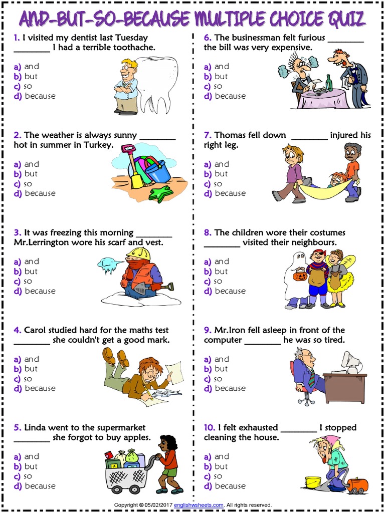 Conjunctions and But So Because Esl Multiple Choice Quiz For Kids PDF ...