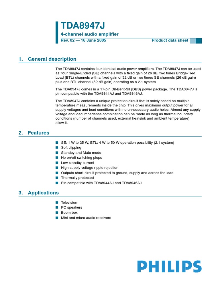Tda8947j PDF | PDF | Capacitor | Electrical Engineering
