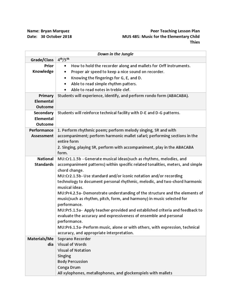Down in The Jungle Lesson Plan Reduced | PDF | Recorder (Musical ...