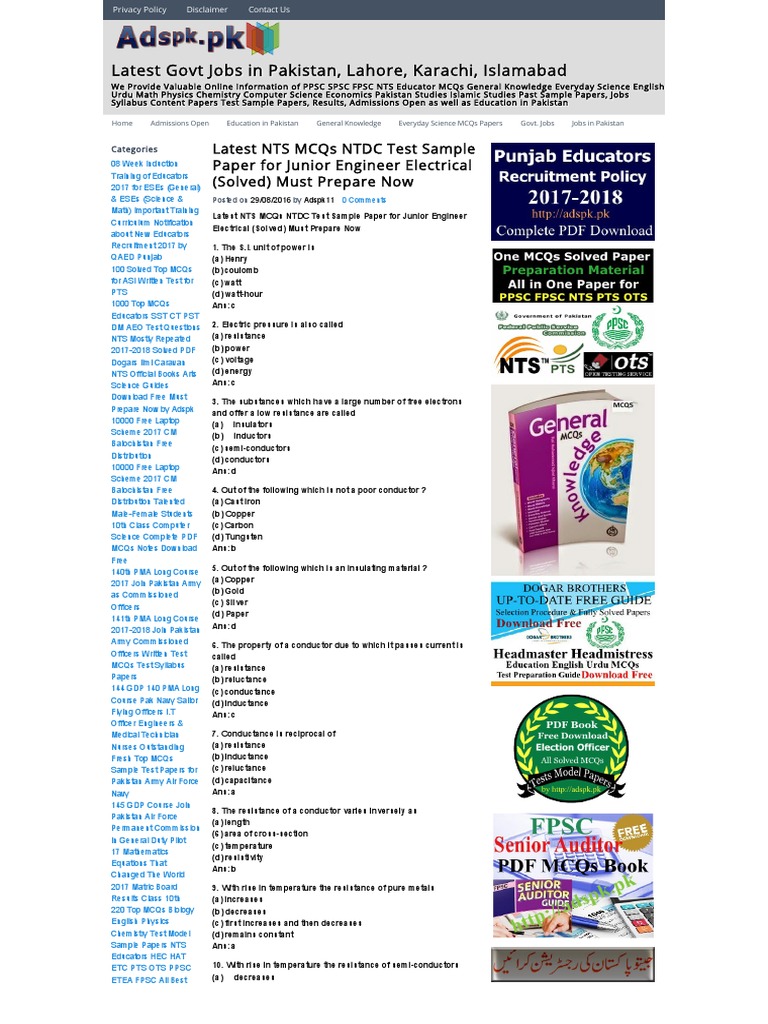 NTS Test Preparation Resources | PDF | Electrical Resistance And ...