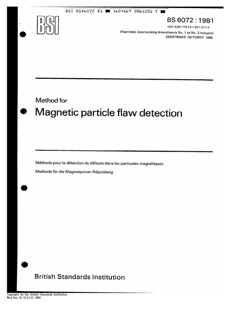 BS 6072-1986, Method For Magnetic Particle Flaw Detection PDF | PDF