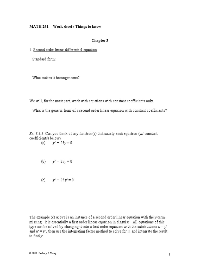 MATH251 Worksheet 2 | PDF | Ordinary Differential Equation | Equations