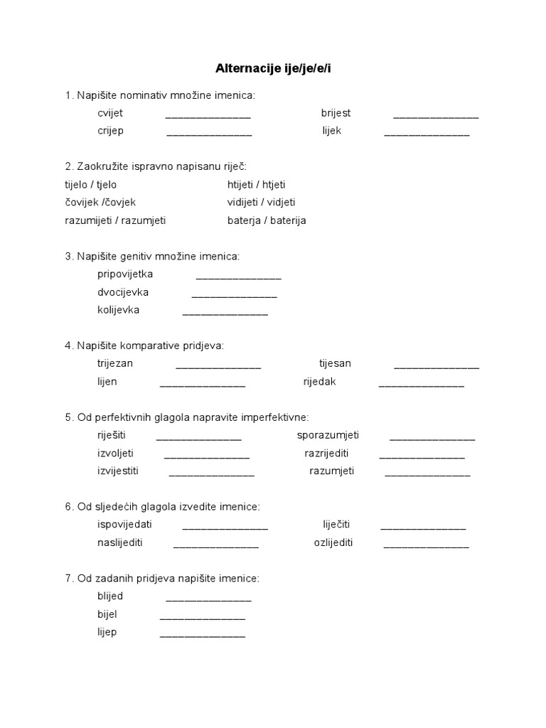 Alternacije Ije Je e I - Nastavni Listic | PDF