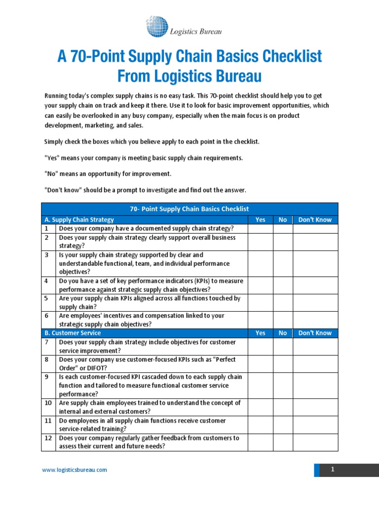 Supply Chain Basics Checklist | PDF | Performance Indicator | Supply Chain Supply Chain Basics Checklist | PDF | Performance Indicator | Supply Chain