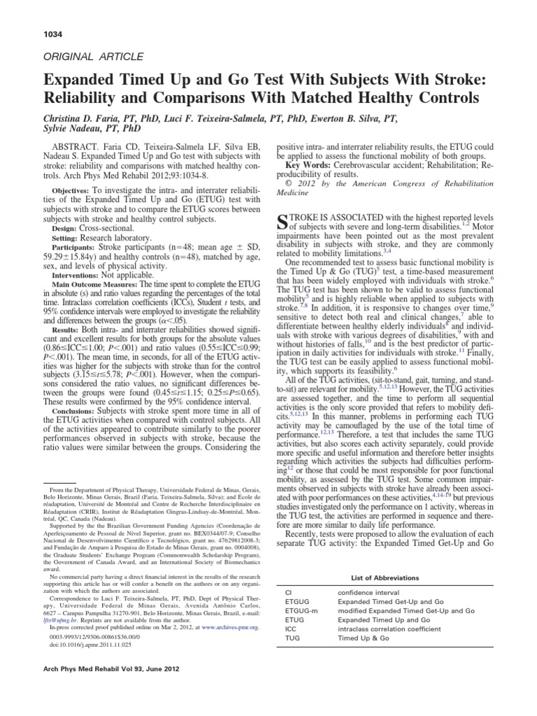 Expanded Timed Up and Go Test With Subjects With Stroke: Reliability ...