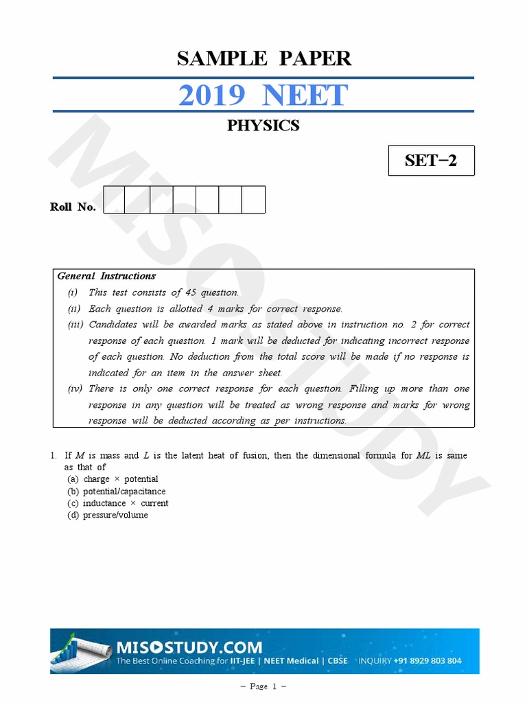 NEET 2019 Physics Sample Question Paper II | PDF | Rotation Around A Fixed Axis | Electronvolt
