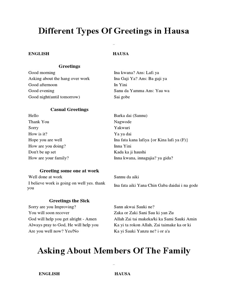 Hausa Greetings and Responses Guide | PDF | Self-Improvement