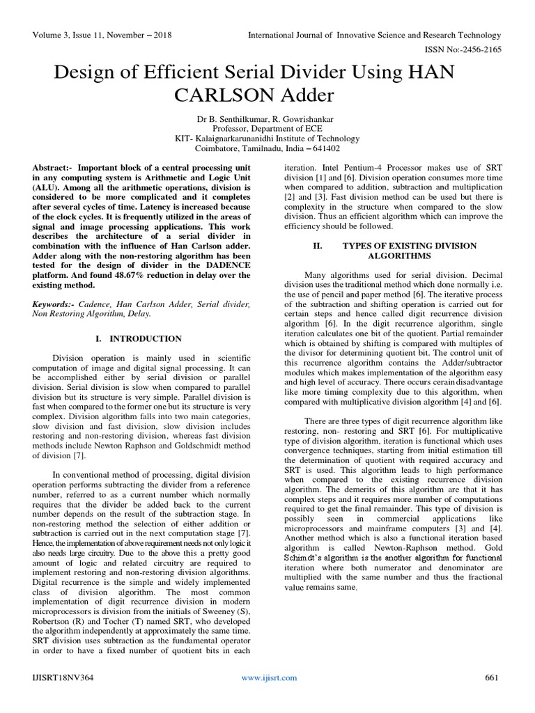 Design of Efficient Serial Divider Using HAN CARLSON Adder | PDF ...