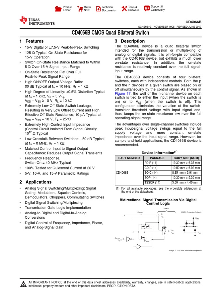 CD4066B CMOS Quad Bilateral Switch: 1 Features 3 Description | PDF ...