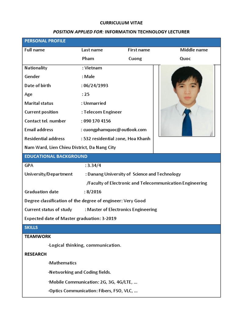 A Qualified Candidate: Cuong Pham's Curriculum Vitae for an Information Technology Lecturer ...