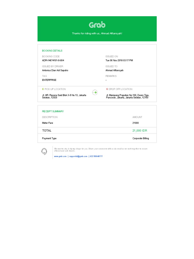 Grab Booking Confirmation for Ahmad Alfiansyah | PDF
