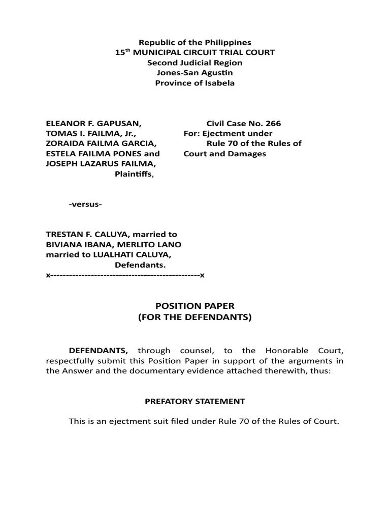 Position Paper Ejectment Case Defense | PDF | Eviction | Lawsuit