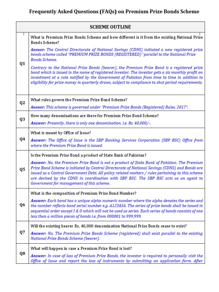 Frequently Asked Questions (Faqs) On Premium Prize Bonds Scheme | PDF ...
