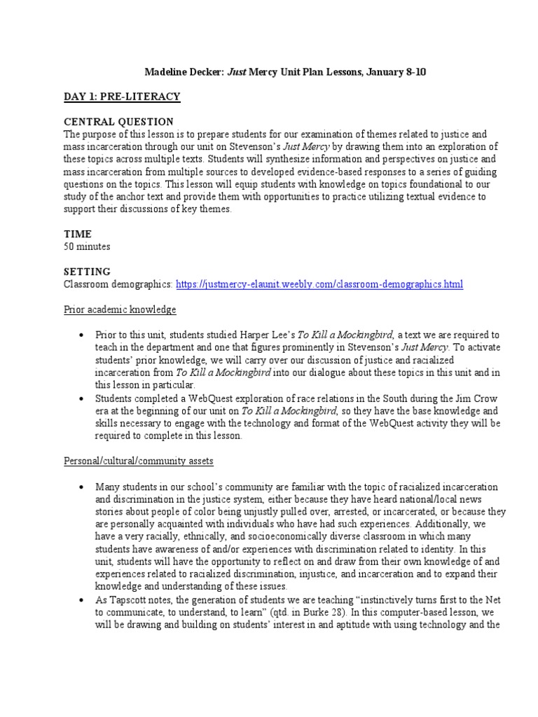 Just Mercy Unit Plan Overview | PDF | Infographics | Learning