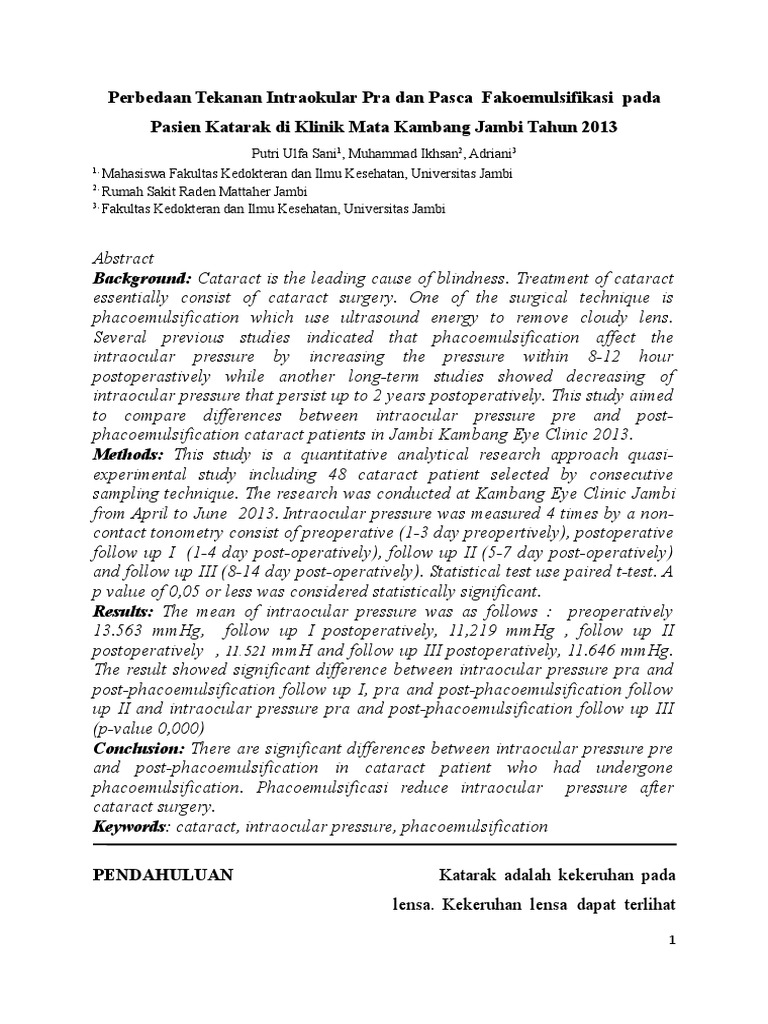 Perbedaan Tekanan Intraokular Pra Dan Pasca Fakoemulsifikasi Pada ...