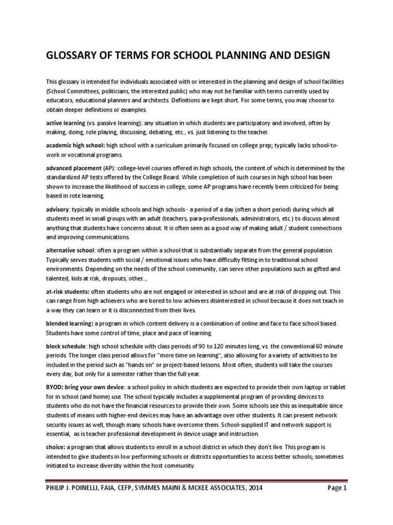 Glossary of Terms For School Planning and Design Final PDF | Download ...