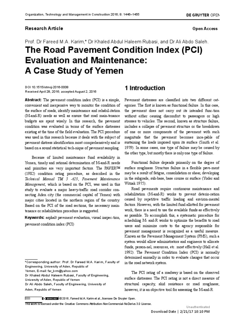 The Road Pavement Condition Index (PCI) Evaluation and Maintenance ...