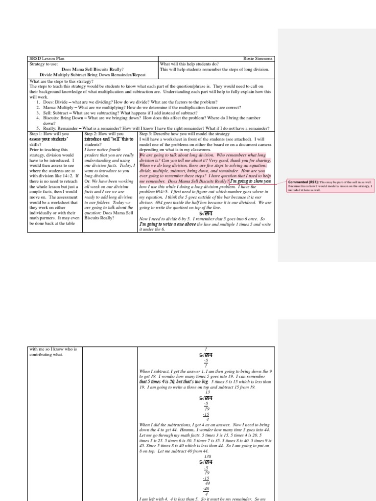 SRSD Lesson Plan - Division | PDF | Division (Mathematics) | Arithmetic