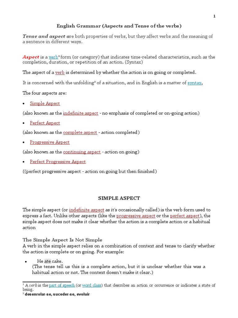 Aspect in English Grammar | PDF | Perfect (Grammar) | Grammatical Tense