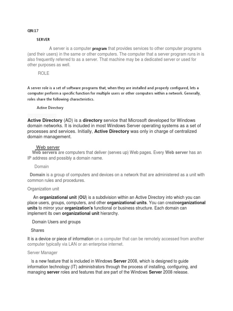QN:17 Server Program: Active Directory (AD) Is A Directory Service That Microsoft Developed For ...