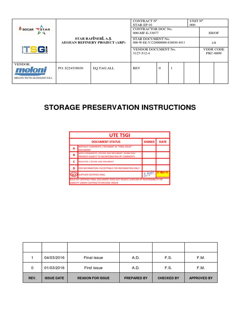 Storage Preservation Instructions: Star Rafineri, A.Ş. Aegean Refinery ...