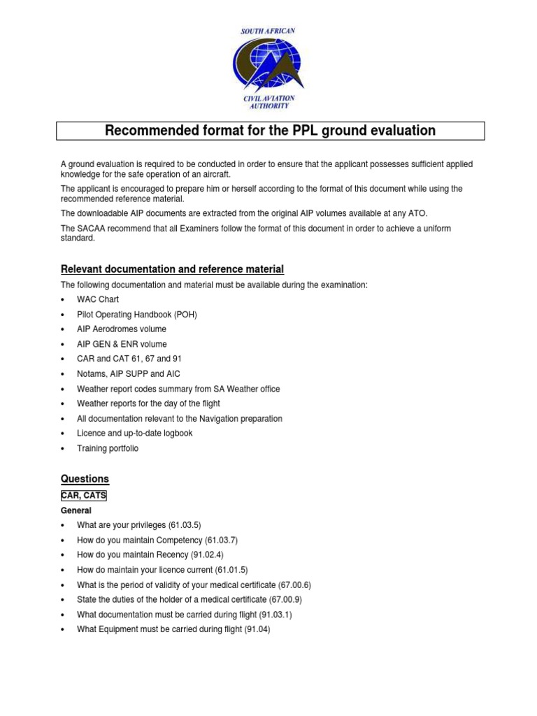 SA CAA PPL Test Ground Evaluation | PDF | Visual Flight Rules | Aviation