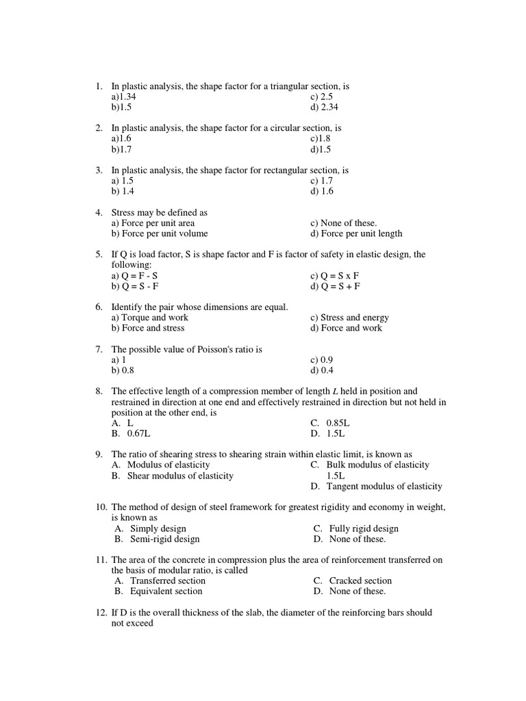 Multiple choice questions on topics related to structural analysis ...