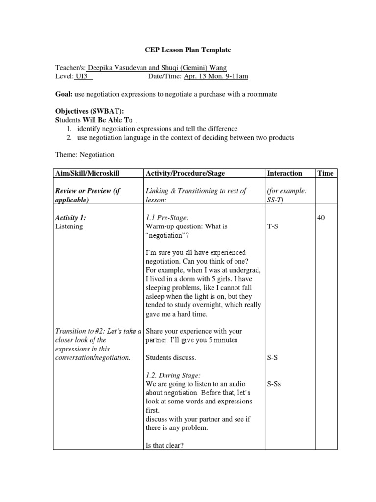 CEP Lesson Plan Template: Review or Preview (If Applicable) Activity 1 | PDF | Negotiation ...