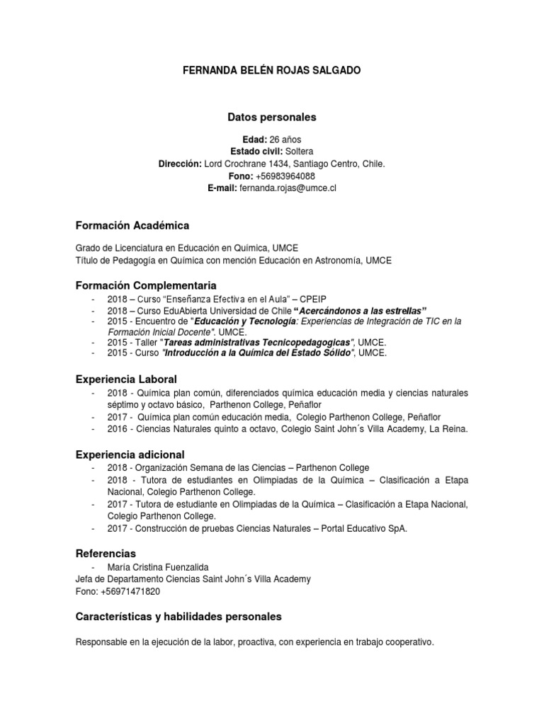 CV Fernanda Rojas S Docente Quimica | PDF