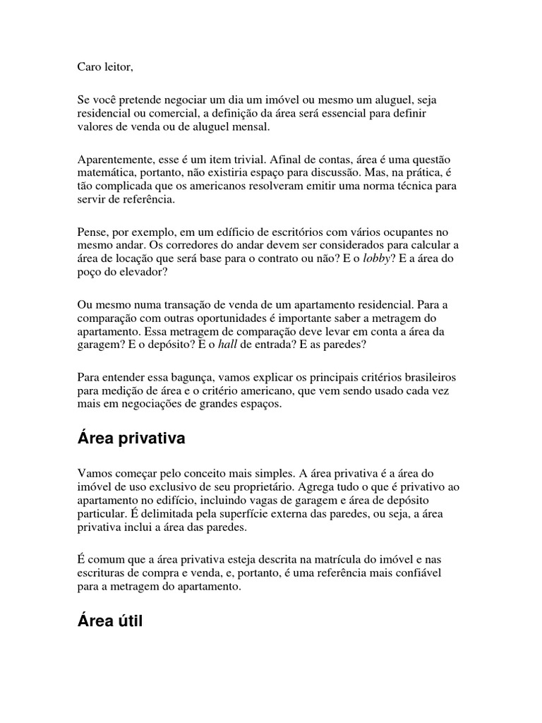 Diferença Entre Area Util, Area Comum e Area Privada | PDF | Garagem ...