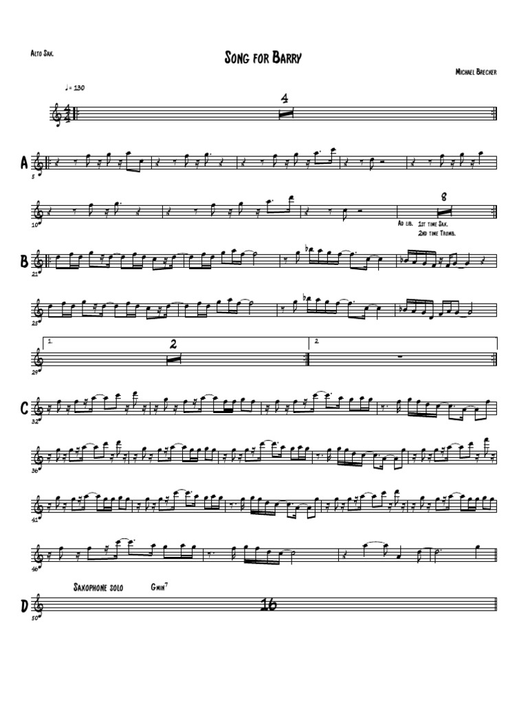 Song for Barry: Saxophone Solo | PDF | Musical Instruments | Aerophones