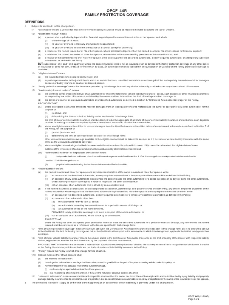 Opcf 44R Family Protection Coverage: Definitions | PDF | Liability ...