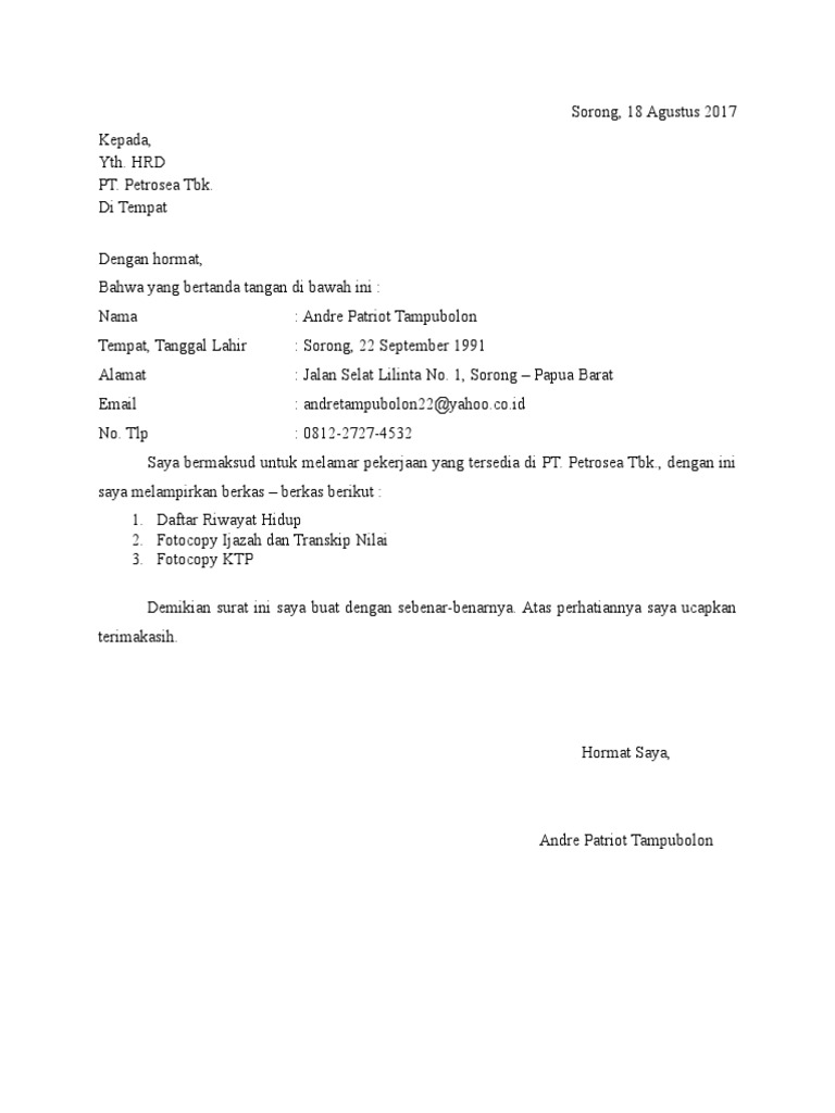 Surat Lamaran Andre Petrosea | PDF