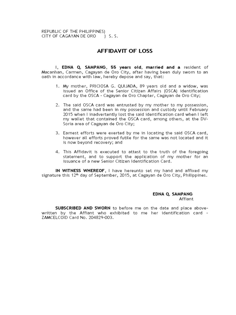 Lost OSCA card affidavit | PDF | Affidavit | Government And Personhood