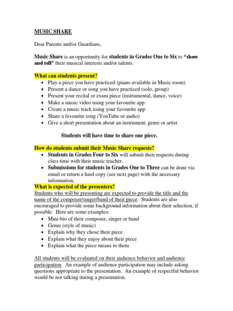 Music Share Letter To Parents | PDF | Songs | Composers