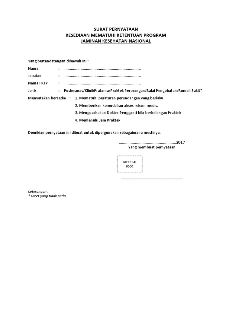 1 Surat Pernyataan Kesediaan Mematuhi Jkn Pdf Teknologi Rekayasa