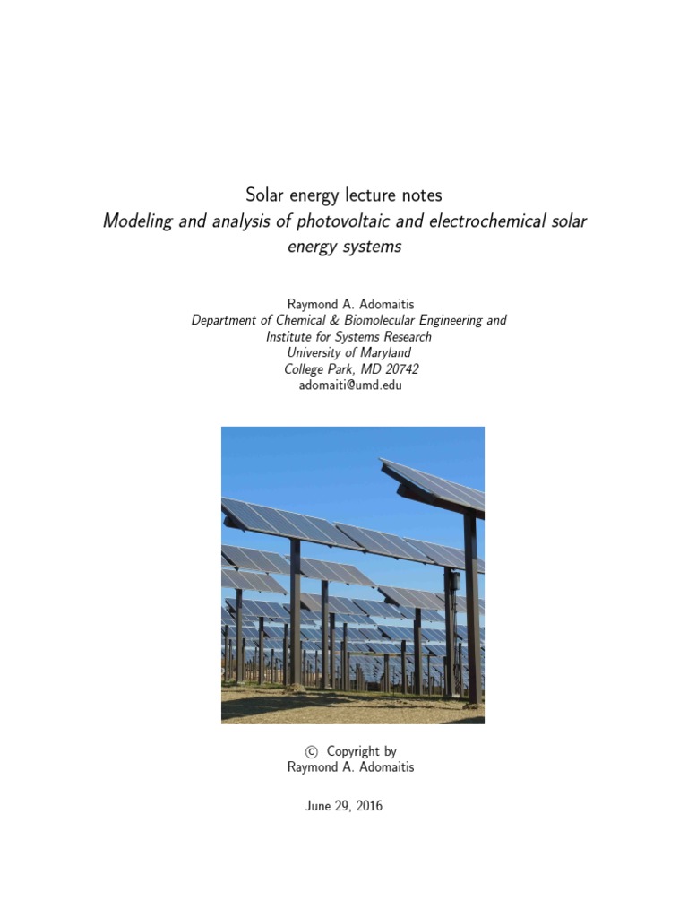 Solar Energy Lecture Notes Modeling and Analysis of Photovoltaic and ...