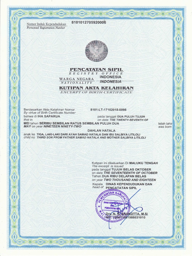 Akte Kelahiran DAHLAN HATALA-Compressed PDF | PDF