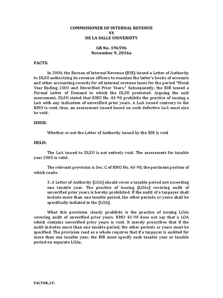 BIR vs. DLSU: Validity of 2003 Tax Audit | PDF