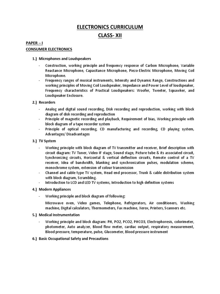 Electronics Curriculum Class-Xii: Paper - I Consumer Electronics | PDF ...